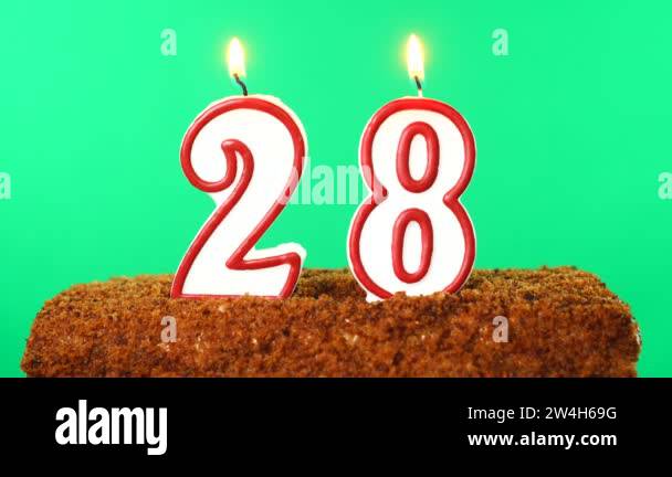 Cake with the number 28 lighted candle. Chroma key. Green Screen ...