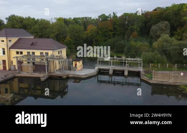 Aerial view of the small hydroelectric power plant on the Angrapa river ...