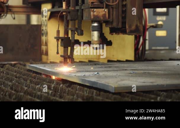 Plasma cutting of metal on a CNC machine. Fire cutting of thick sheet ...