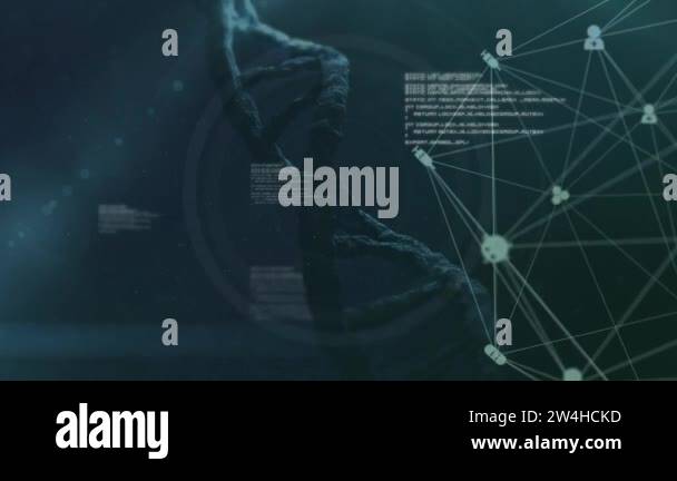 Digital animation of Globe of digital medical icons spinning and data processing over DNA ...
