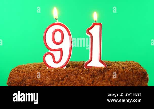 Cake with the number 91 lighted candle. Chroma key. Green Screen ...