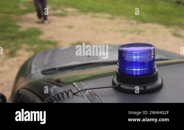 blue police flashing light on with the background of a girl being ...