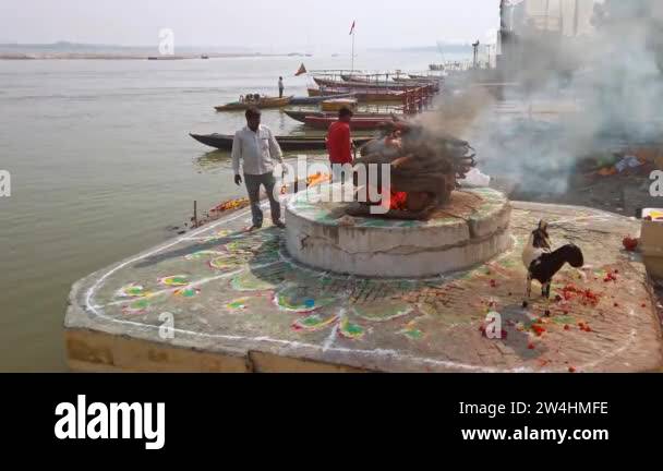 Varanasi, India - Circa November 2019. Harishchandra Ghat is one of the ...