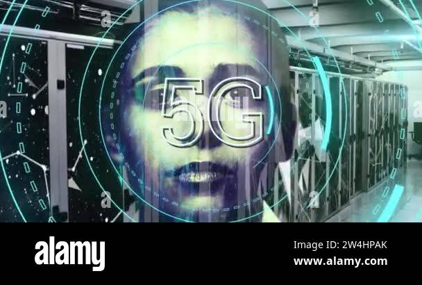 Animation of digital interface with icons and data processing. 5G text over scope against woman ...