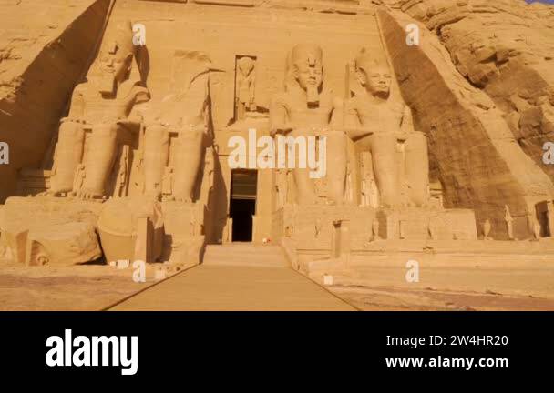 Panning towards the temple of Abu Simbel in southern Egypt in Nubia ...