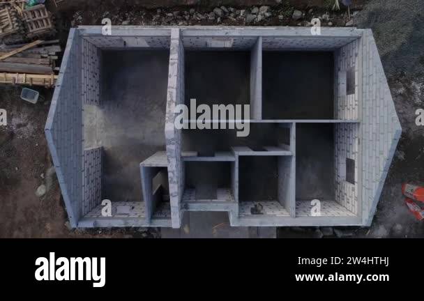Top down aerial view of construction site. You can see how a foam block ...