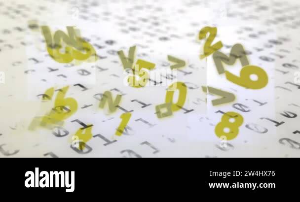 Animation of floating letters and numbers over scientific data processing on white background ...