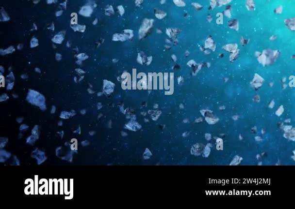 Flying many asteroids in deep space background. Broken splash explosion ...