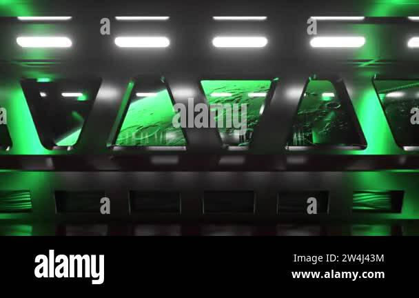 Sci-fi tunnel in outer space with neon light. Planet Mars outside the ...