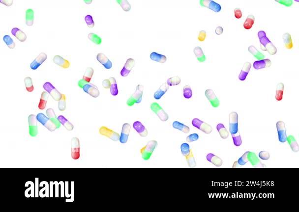 Flying many medical capsules on white background. Medicine and ...
