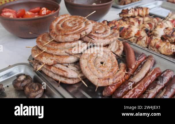 Ready-to-Eat Grilled Meat in a Street Food Shop Window. Ready-made Food ...