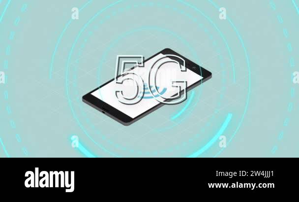Animation of 5G text written in circle on scope scanning, smartphone and icons of connections ...