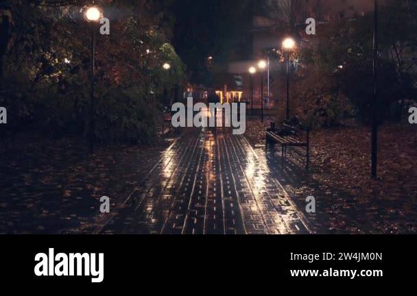 Alone stranger in hood at night city park street in rain. Creepy killer ...