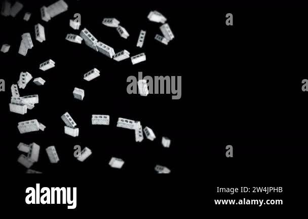 Flying many concrete bricks on black background. Miniature model ...