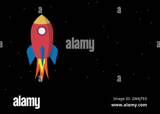 Abstract rocket flying on a background of black sky with stars. Cartoon ...