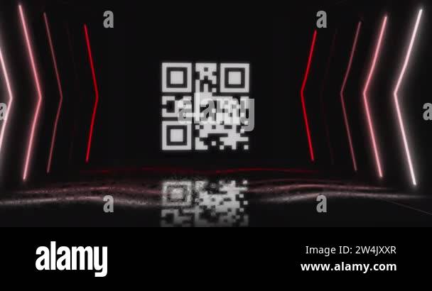 Animation of flickering white QR code with red neon arrows on black ...