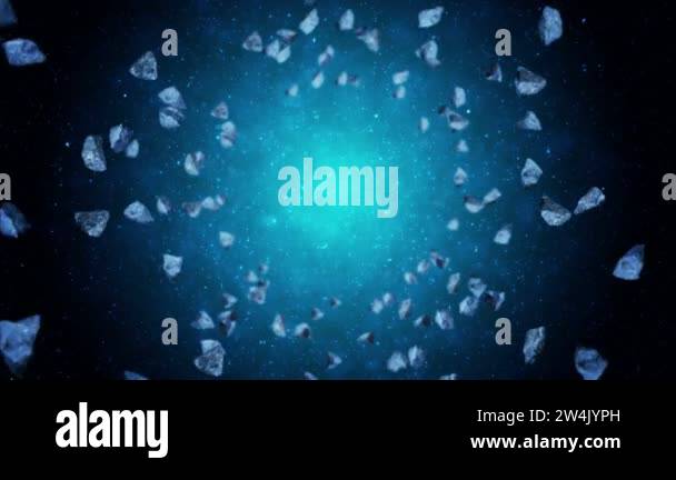 Flying many asteroids in deep space background. Broken splash explosion ...