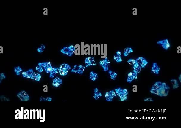 Flying many clean ice cubes on black background. Pieces of crushed ice ...