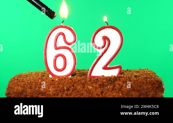 Cake with the number 62 lighted candle. Chroma key. Green Screen ...