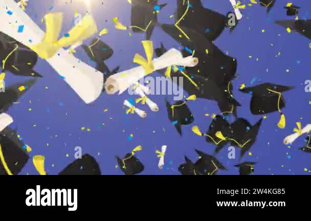 Animation of multiple floating graduation caps and diplomas over ...