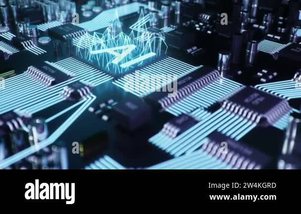 Abstract artificial intelligence on a printed circuit board. Technology and engineering concept ...