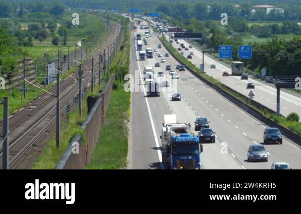 Weilbach, Germany - June 14, 2021: Large trucks and dense traffic on ...