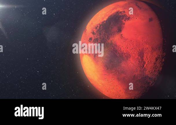 Planet Mars rotates with stars and sun flareRealistic cinematic vision ...