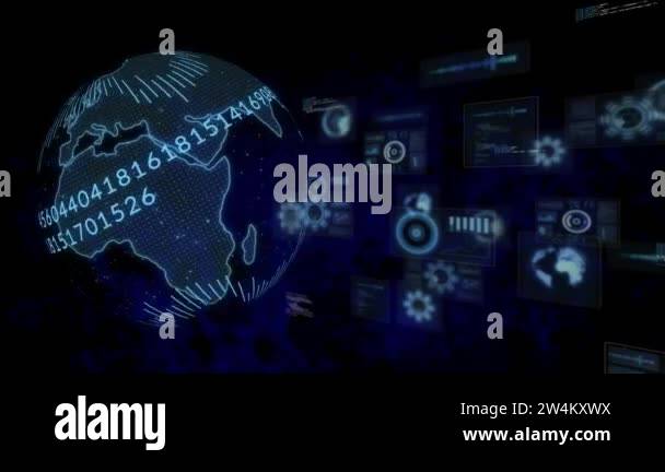 Composition of data processing on screens with numbers over globe ...