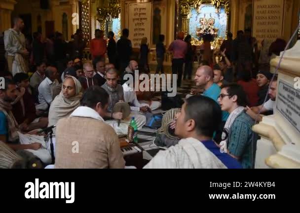 VRINDAVAN, INDIA - 11TH MARCH 2017: Hare Krishna playing Kirtan chants ...