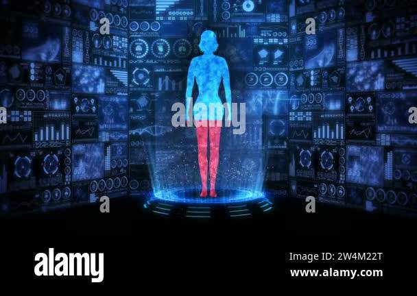 Woman and Earth. Medical hologram loop animation. Human virtual body ...