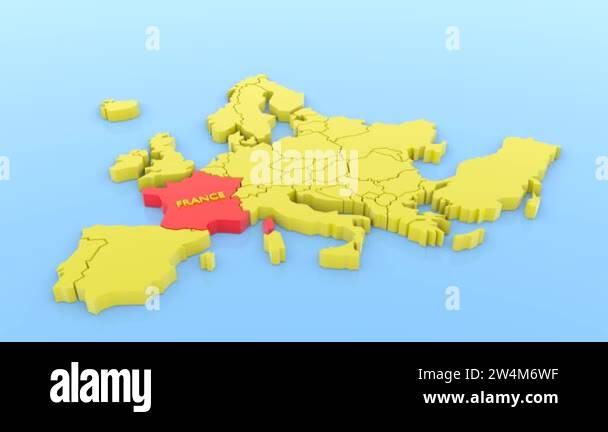 A 3D animated rendered map of Europe, focused on France with a map ...