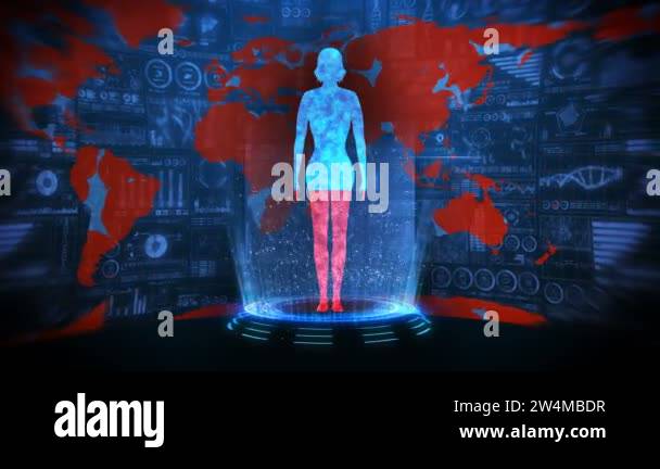 Woman and Earth. Medical hologram loop animation. Human virtual body ...
