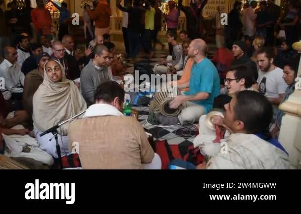 VRINDAVAN, INDIA - 11TH MARCH 2017: Hare Krishna playing Kirtan chants ...
