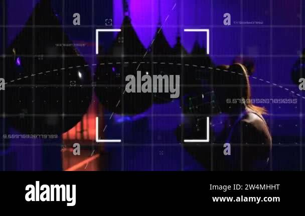 Animation of digital interface with scope, statistics scanning and data processing over female ...