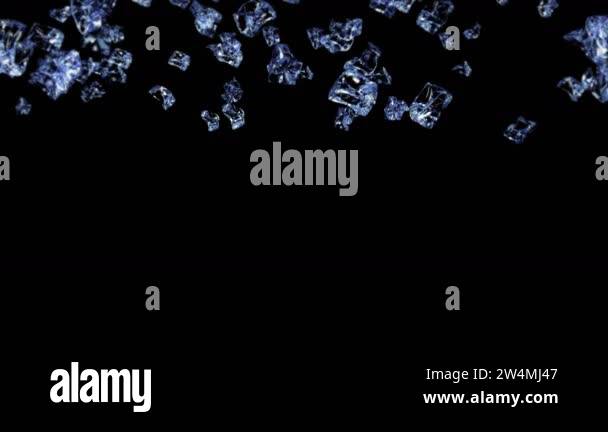 Flying many clean ice cubes on black background. Pieces of crushed ice ...