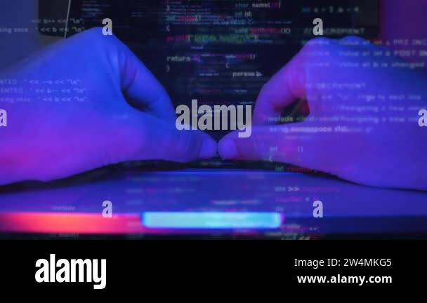 Man Is Designing Web Software Coding On Screen Web Developer Hands Are Typing Code And