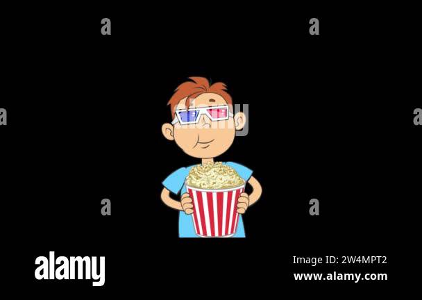 Boy eating popcorn. Looped cartoon hand drawn frame-by-frame animation ...