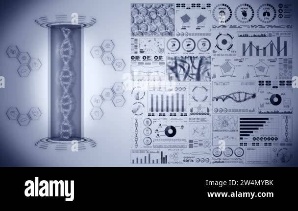 DNA helix molecule loop animation. DNA chromosome concept. Hologram elements of digital data ...
