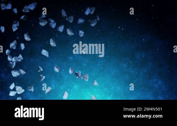 Flying many asteroids in deep space background. Broken splash explosion ...