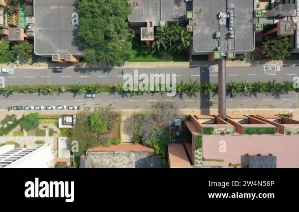 Suburban neighborhood scene. Cityscape view. Traffic at bridge. Urban ...