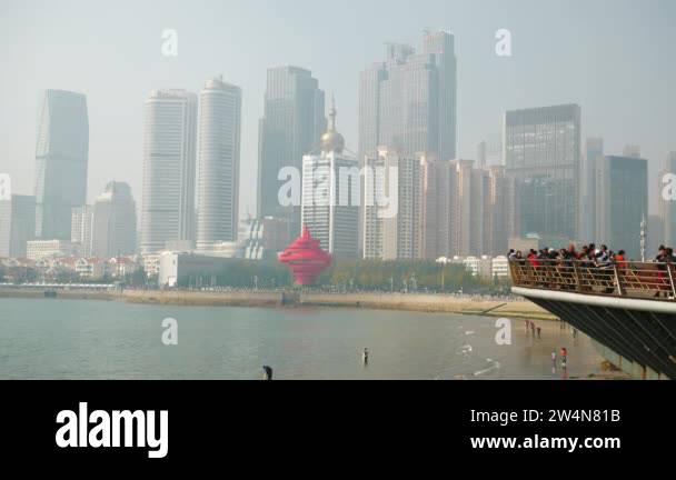 Crowded pedestrian bridge at Qingdao city, China Stock Video Footage ...