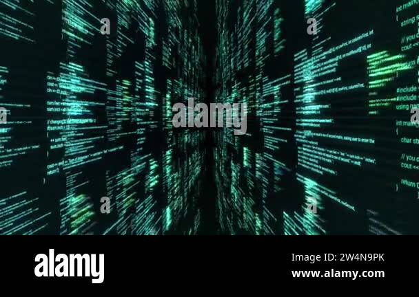 Modern application code on the abstract computer screen. Animation. Modern software development ...