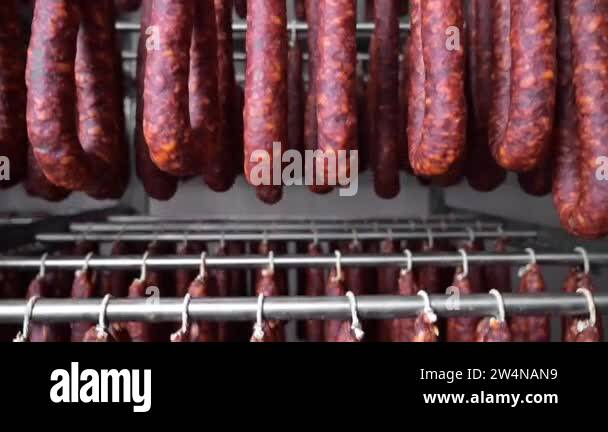 Close up view of typical Spanish dried sausage, Chorizo, hanging on ...
