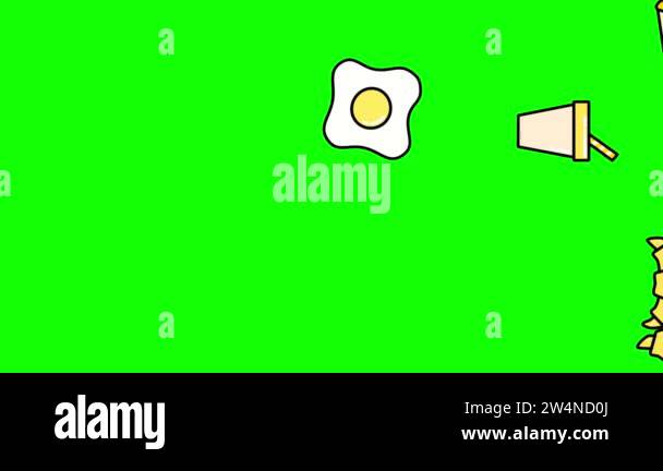 2d vertical animation of falling food items scrambled eggs, juice ...