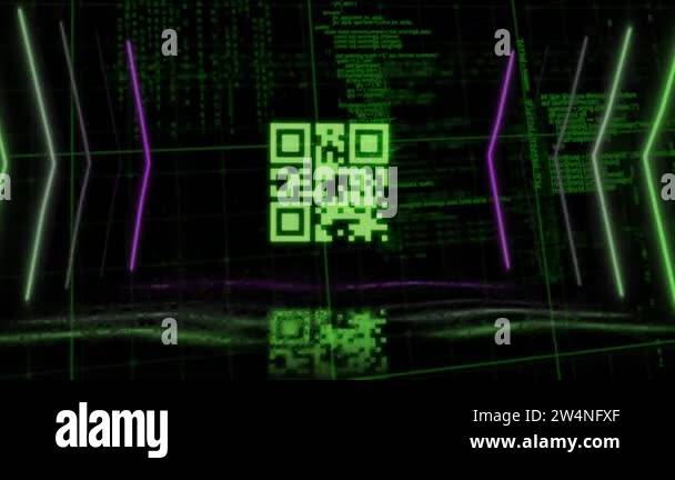 Animation of glowing QR code with pink and green neon elements and data processing on black ...
