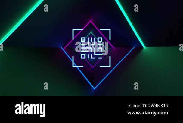 Animation of flickering white QR code with green, pink and blue neon lines on green background ...