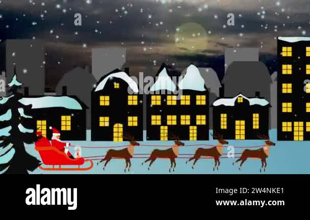 christmas background scene animation with Santa Claus flying with ...