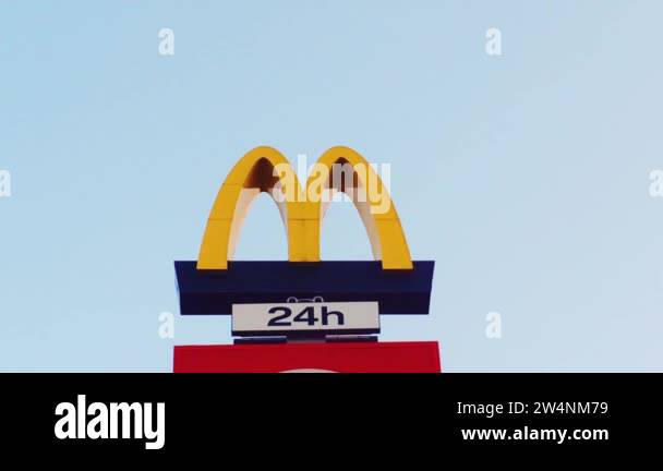 McDonalds drive-thru open 24h logo sign, fast food chain Stock Video ...