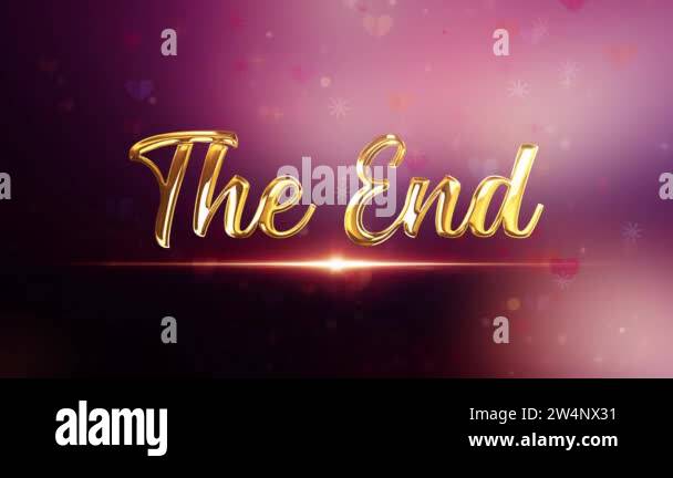 The end golden text with beautiful flare light glowing and heart star ...