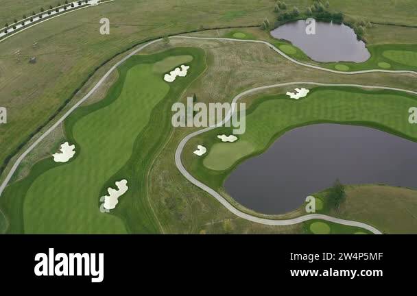 Golf course from the height of a bird's flight. Aerial golf club. Drone ...